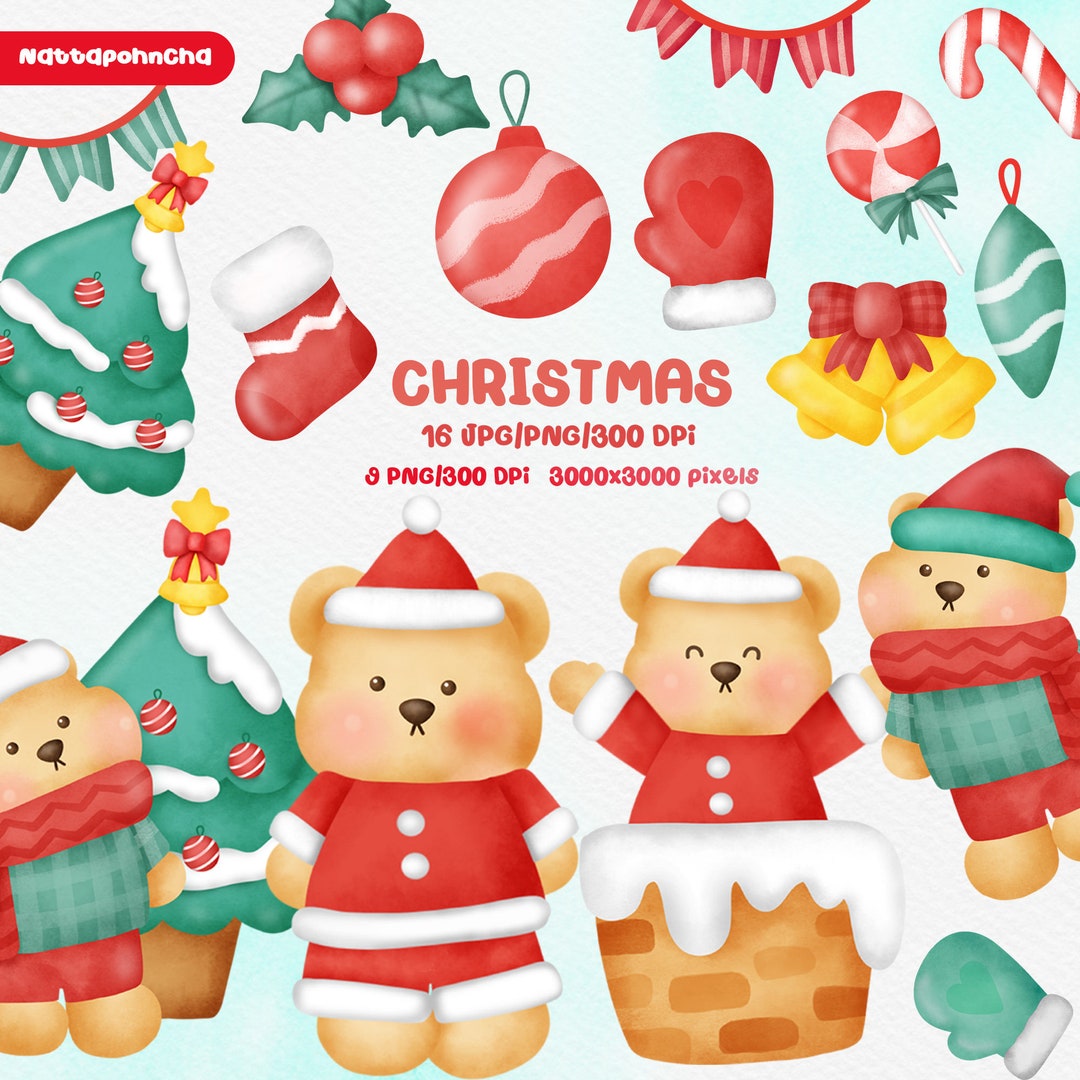 Watercolor Christmas Clipart, Bear Santa Claus Clipart , Christmas Bear ...