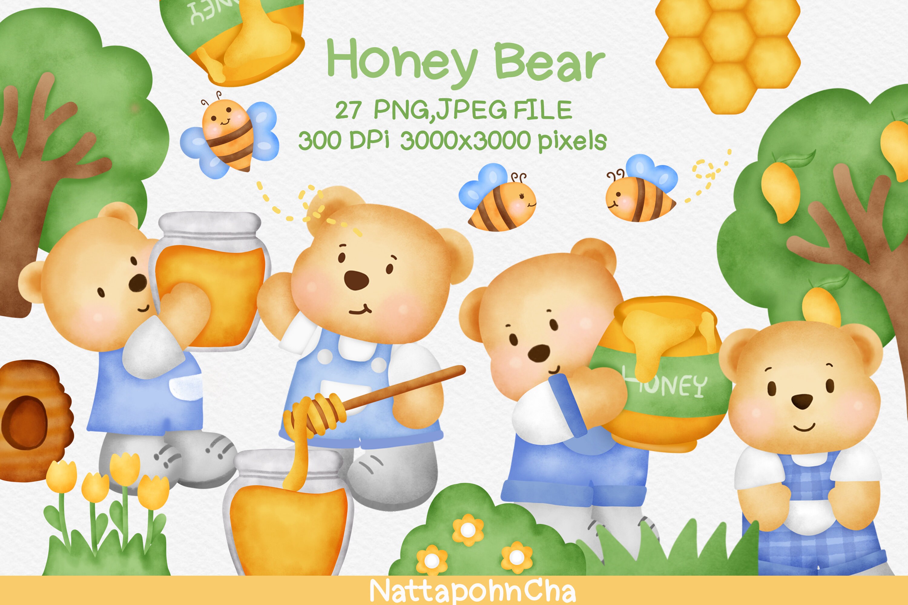 Watercolor Honey Bear Clipart , Cute Baer Clip Art , Bee and Bear - Etsy
