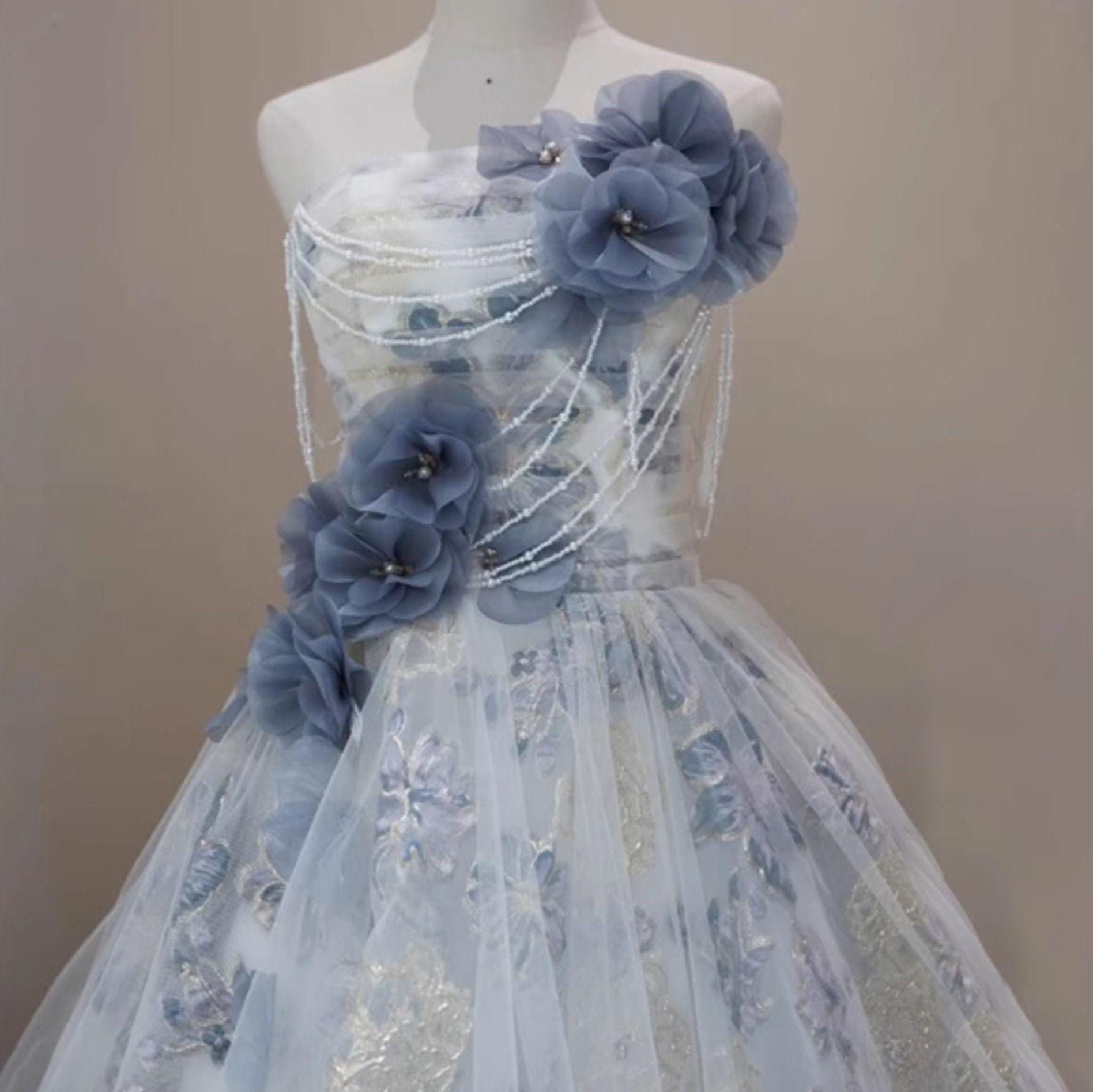 Blue Flower Tube Top Prom Dress,homecoming Dance Dress,gradustion ...