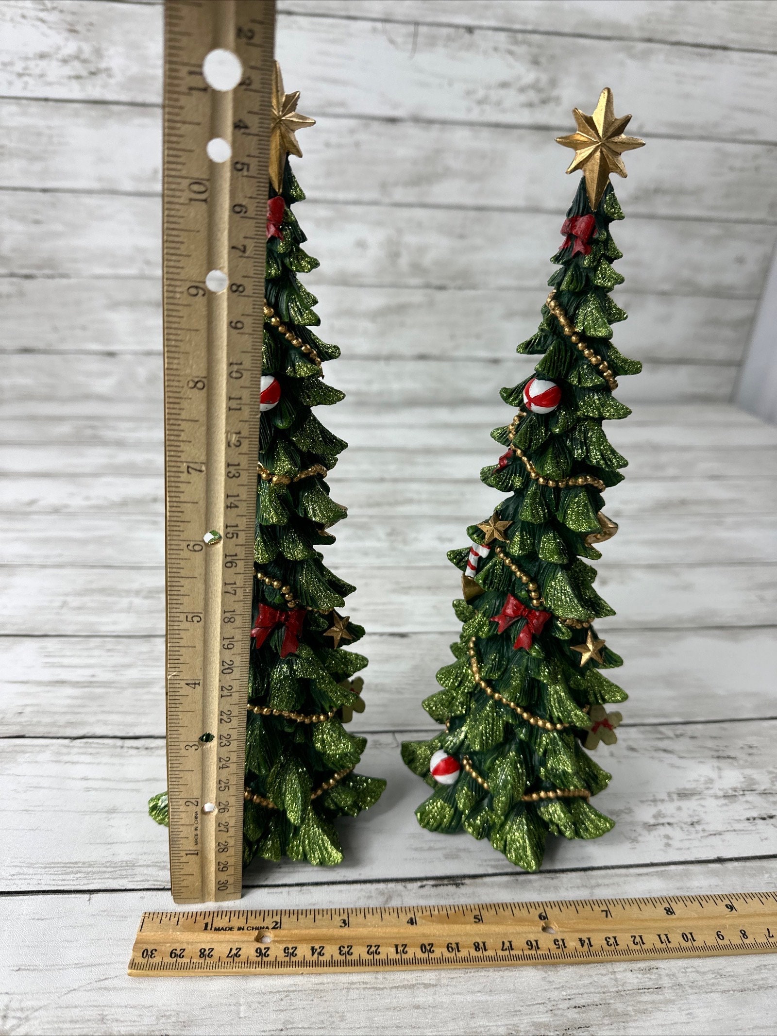 CHRISTMAS TREES for VILLAGE Set of 2 Glitter Decorated Tall Stars 11.5 ...
