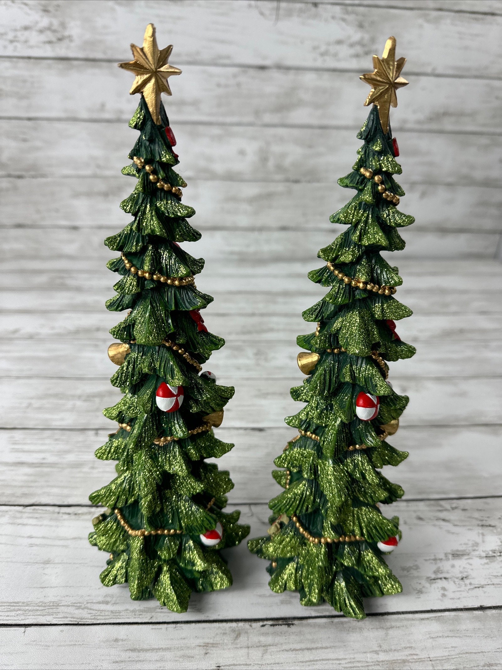CHRISTMAS TREES for VILLAGE Set of 2 Glitter Decorated Tall Stars 11.5 ...