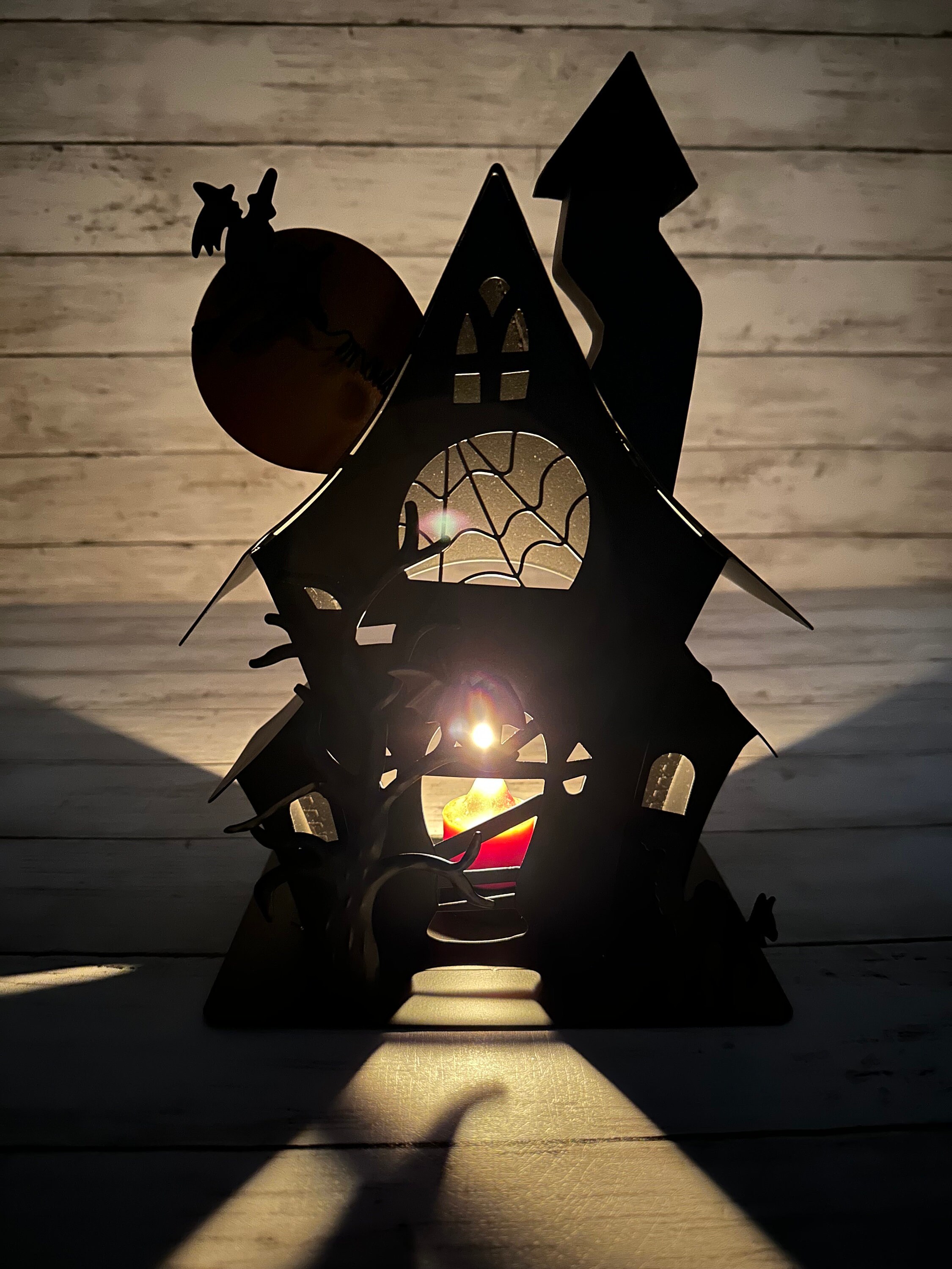 HALLOWEEN HAUNTED HOUSE Candle Holder Black 8.25x5x12” Metal Includes 6 ...