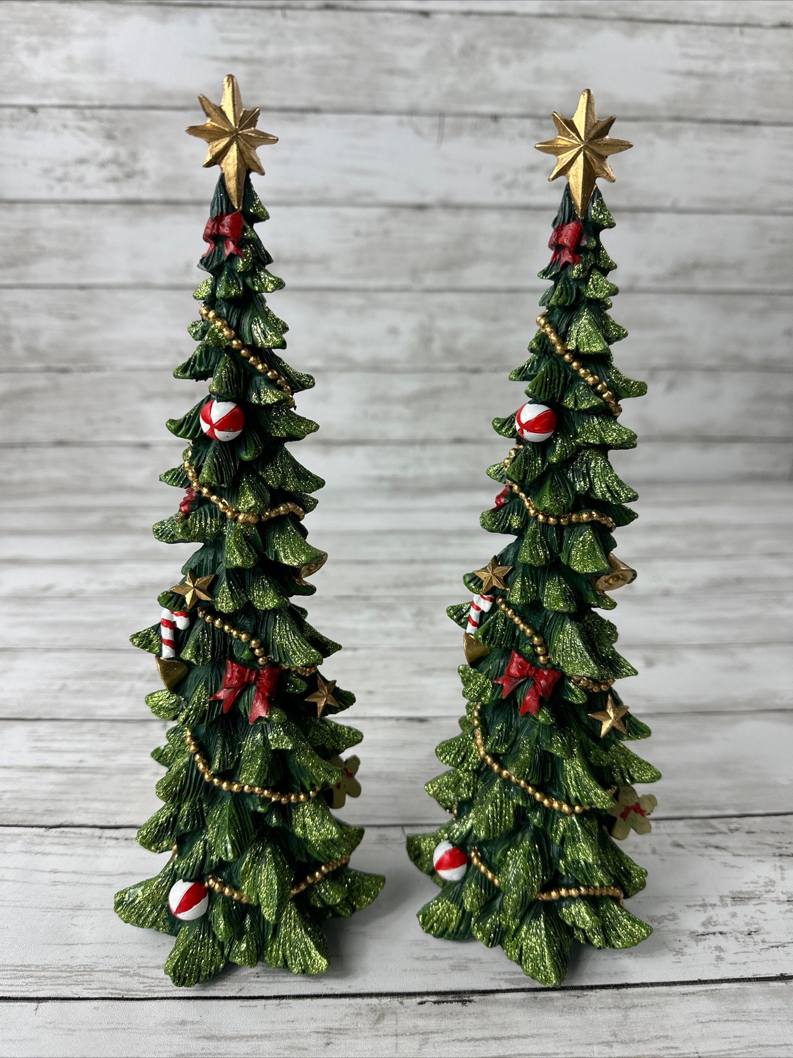 CHRISTMAS TREES for VILLAGE Set of 2 Glitter Decorated Tall Stars 11.5 ...
