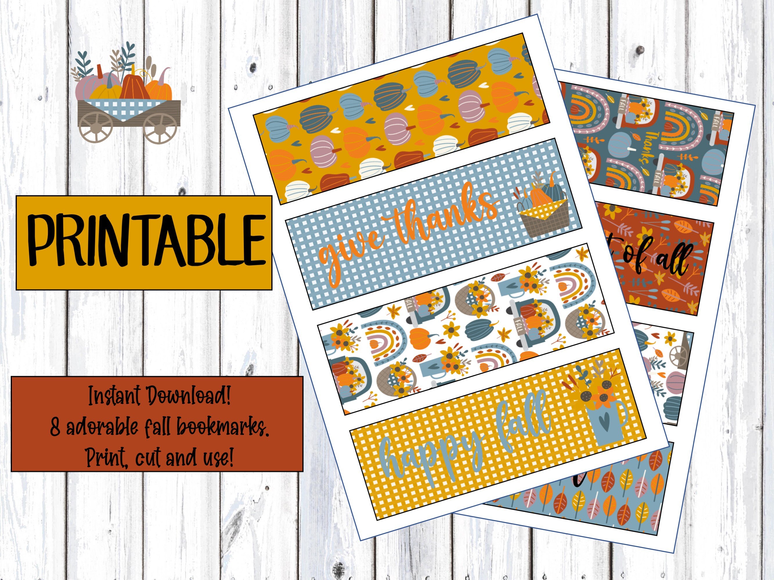 Printable Fall Bookmarks, Set of 8 Bookmarks, Happy Fall Bookmark, Fall ...
