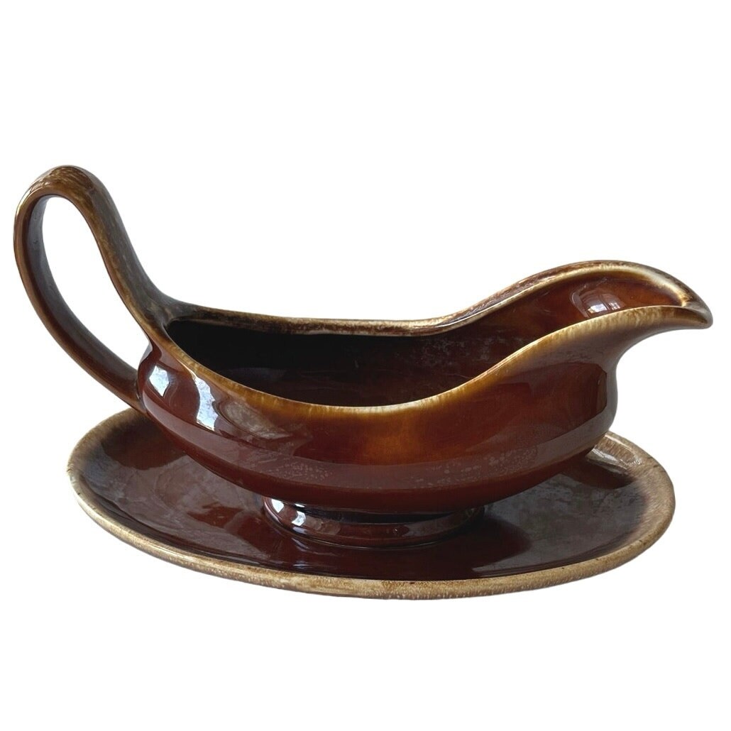 Hull Pottery, Vintage Gravy Boat and Saucer Set, Brown Drip, Dinnerware ...