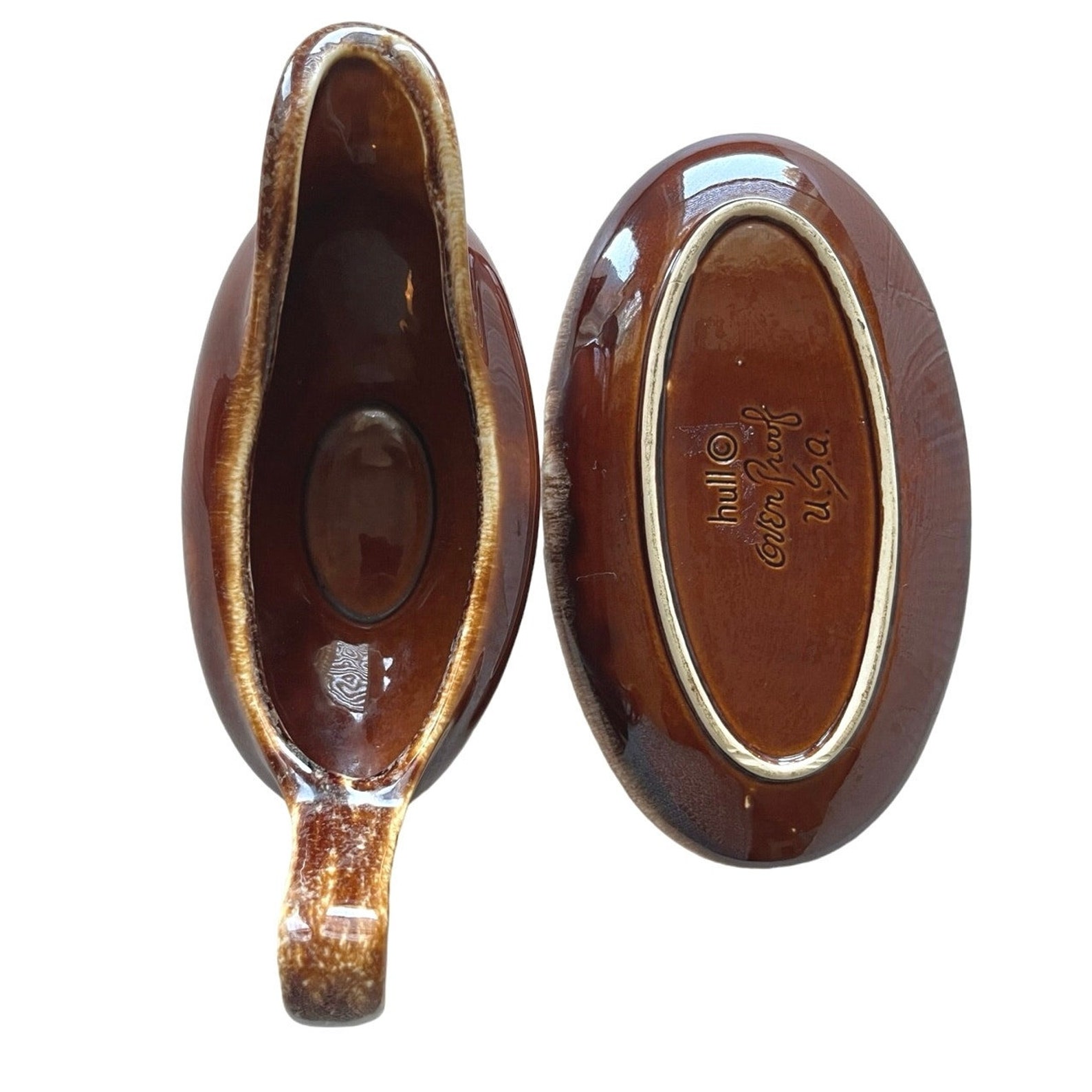 Hull Pottery, Vintage Gravy Boat and Saucer Set, Brown Drip, Dinnerware ...