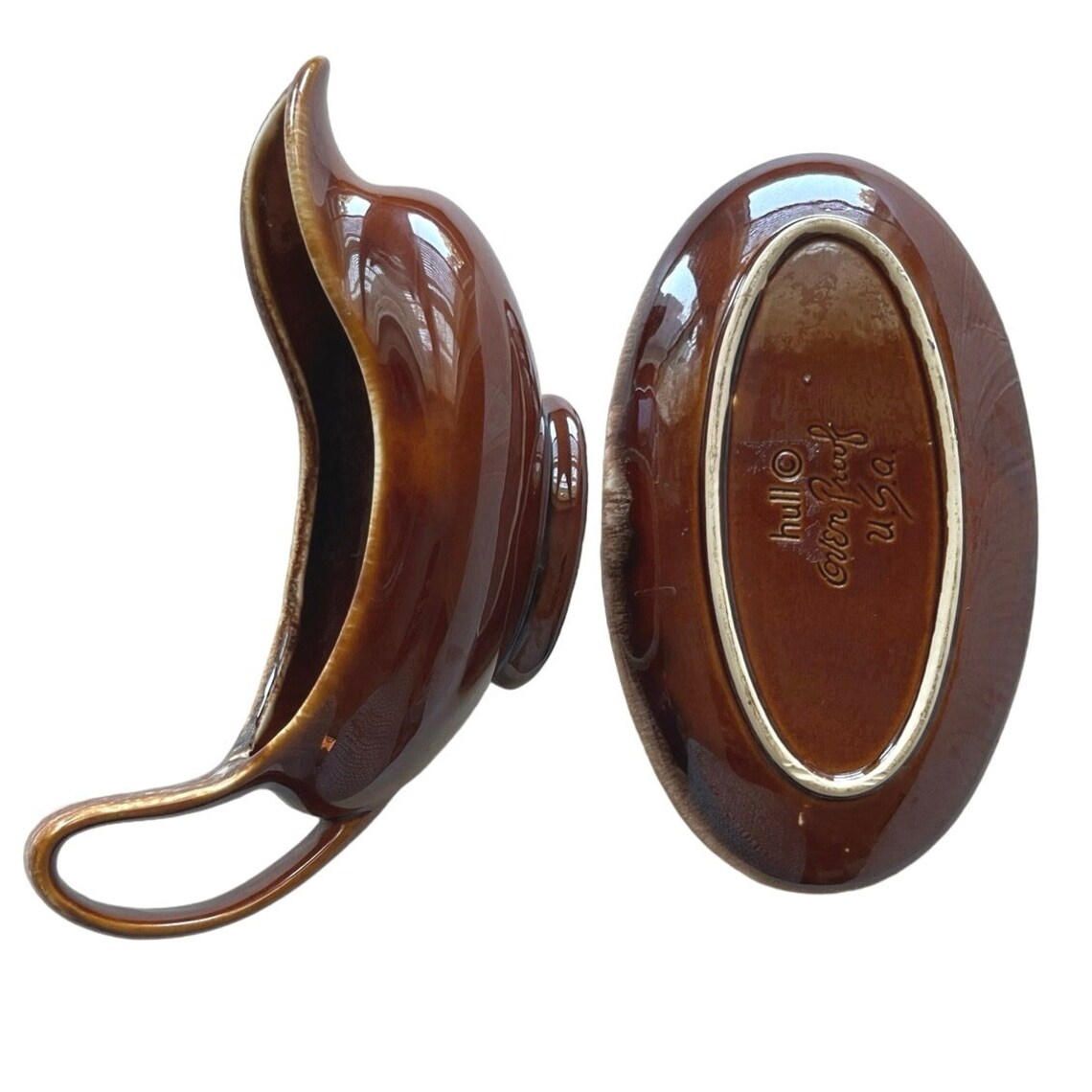 Hull Pottery, Vintage Gravy Boat and Saucer Set, Brown Drip, Dinnerware ...