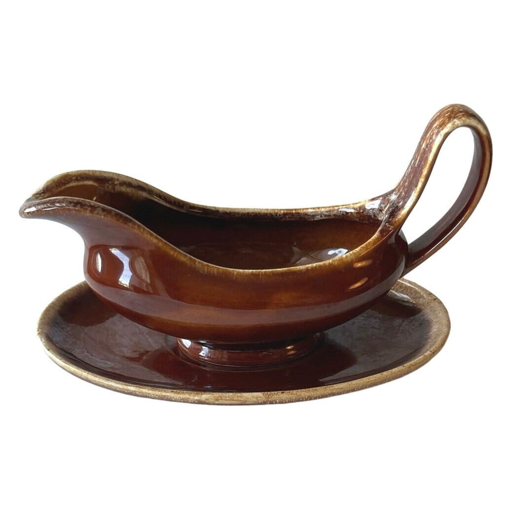 Hull Pottery, Vintage Gravy Boat and Saucer Set, Brown Drip, Dinnerware ...