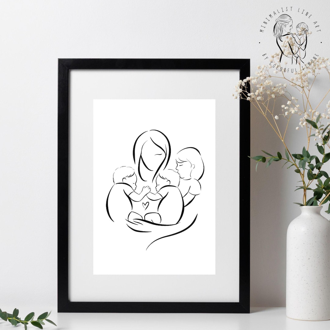 Mother of Three Children Illustration. Minimalist Line Art Print of ...