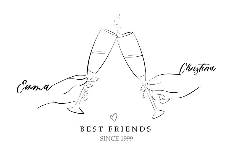 Custom Best Friends Line Drawing With Glasses. Cheers Besties - Etsy