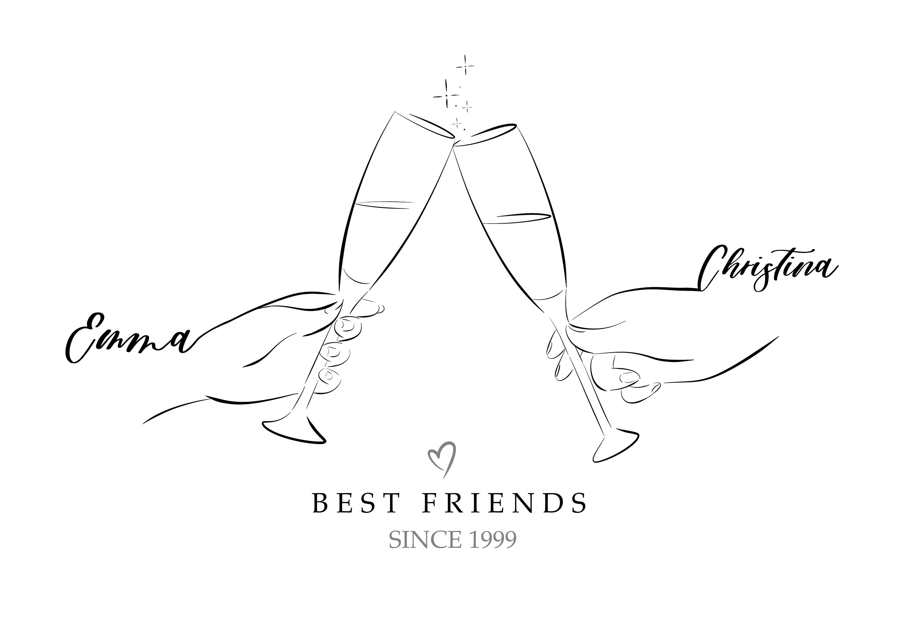 Custom Best Friends Line Drawing With Glasses. Cheers Besties - Etsy