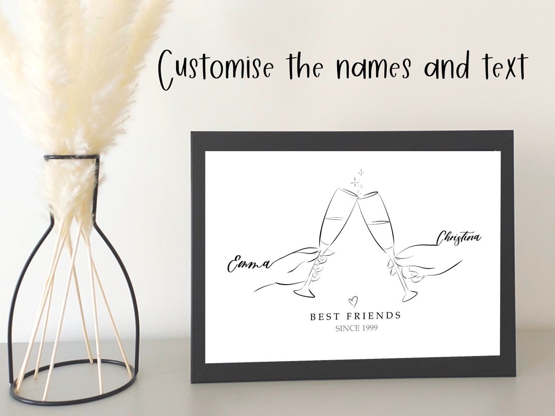 Custom Best Friends Line Drawing With Glasses. Cheers Besties Print ...