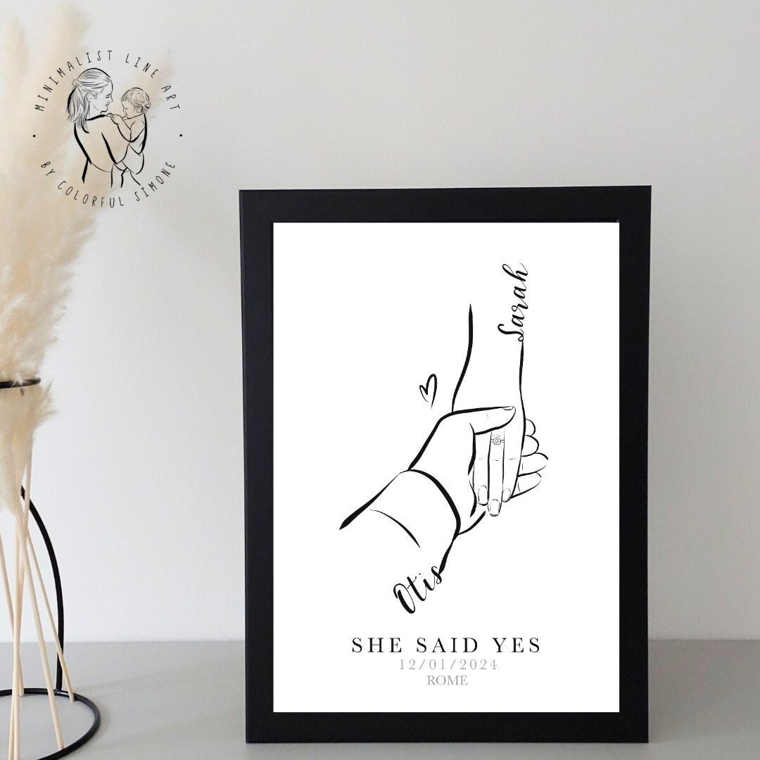 Couple Holding Hands Engagement Print. Custom Names Minimalist Line Art ...