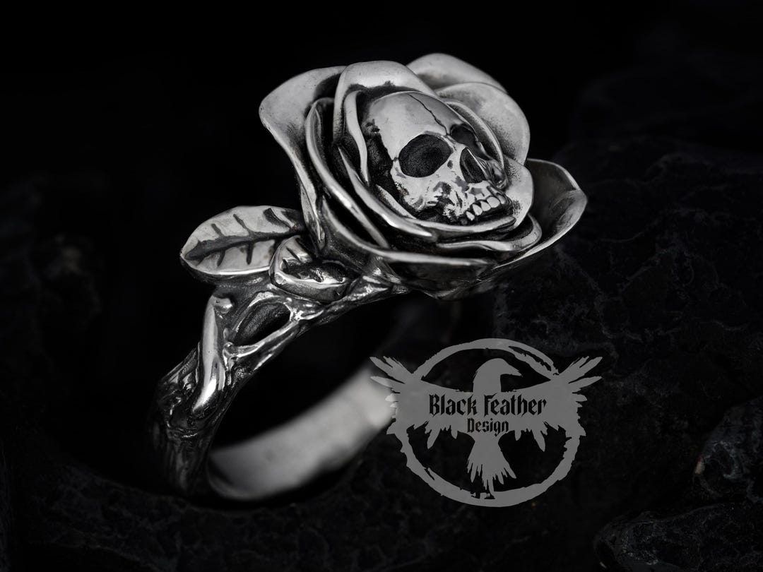 Large Rose Ring - Sterling Silver Gothic Skull Ring - Half Skull Ring ...