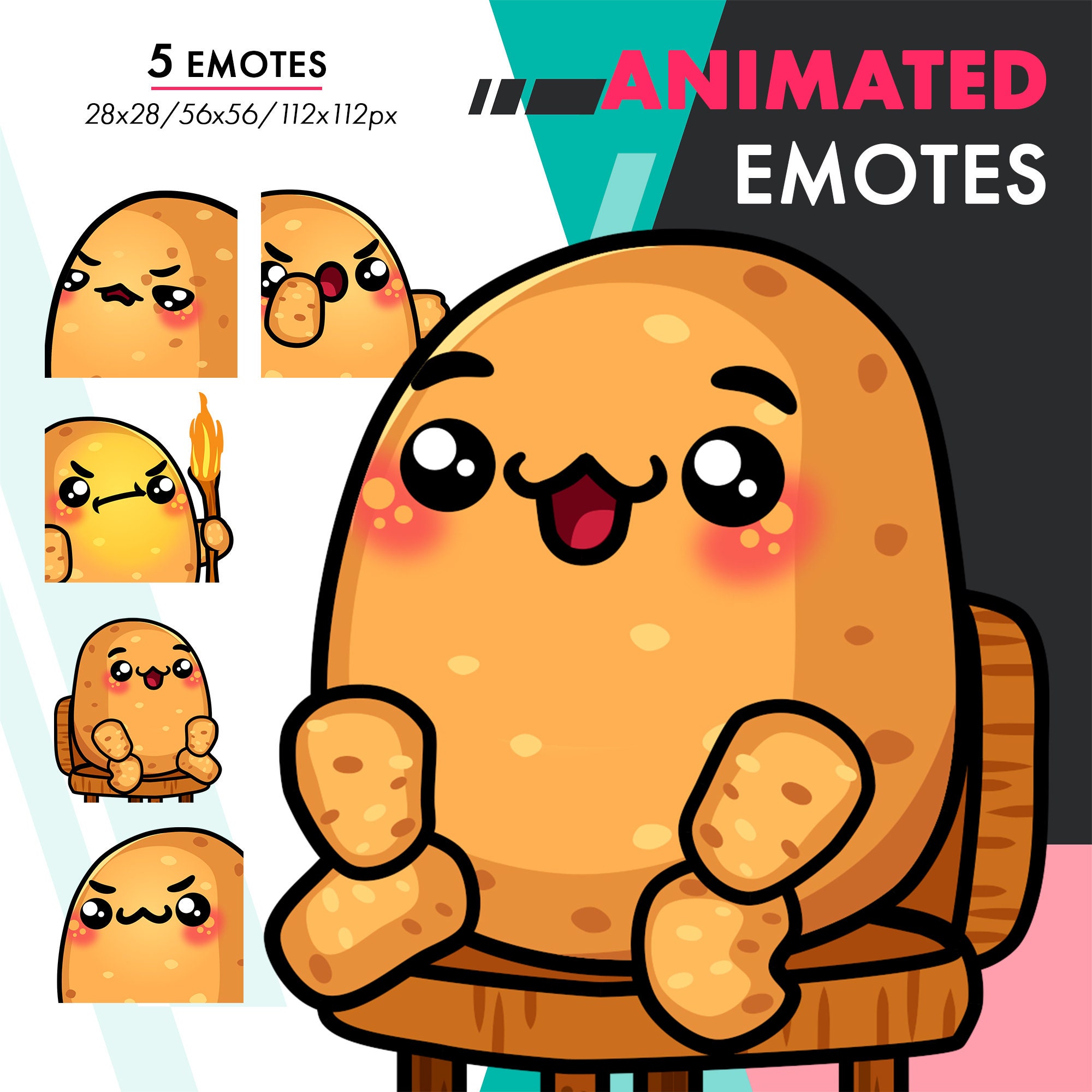 Animated Potato Emotes Pack 9, 5 Cute Potato Sit, Riot, HUH Emote Set ...