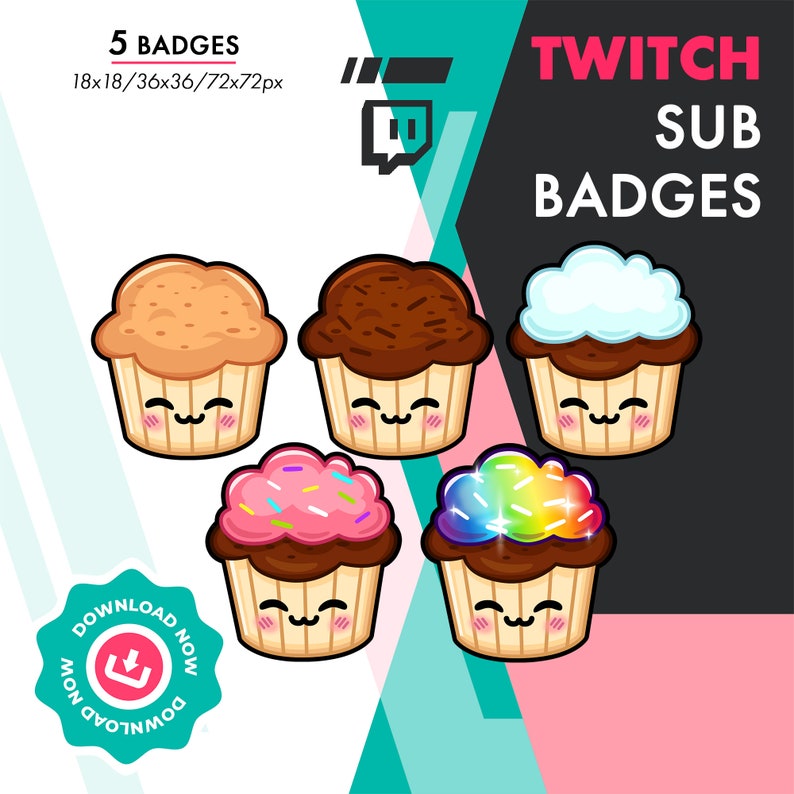 Twitch Sub Badges | 5 Cute Cupcake Muffin Sub Bit Cheer Badges Pack for ...