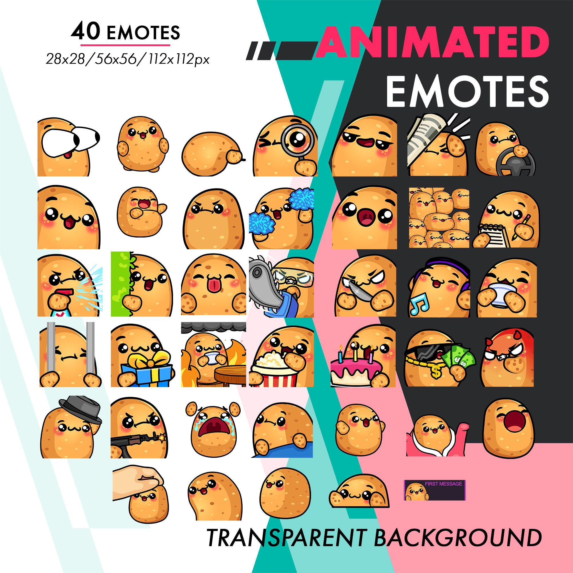 40 Animated Potato Emotes Pack, Mega Cute Potato Steer, Wiggle, Spray ...