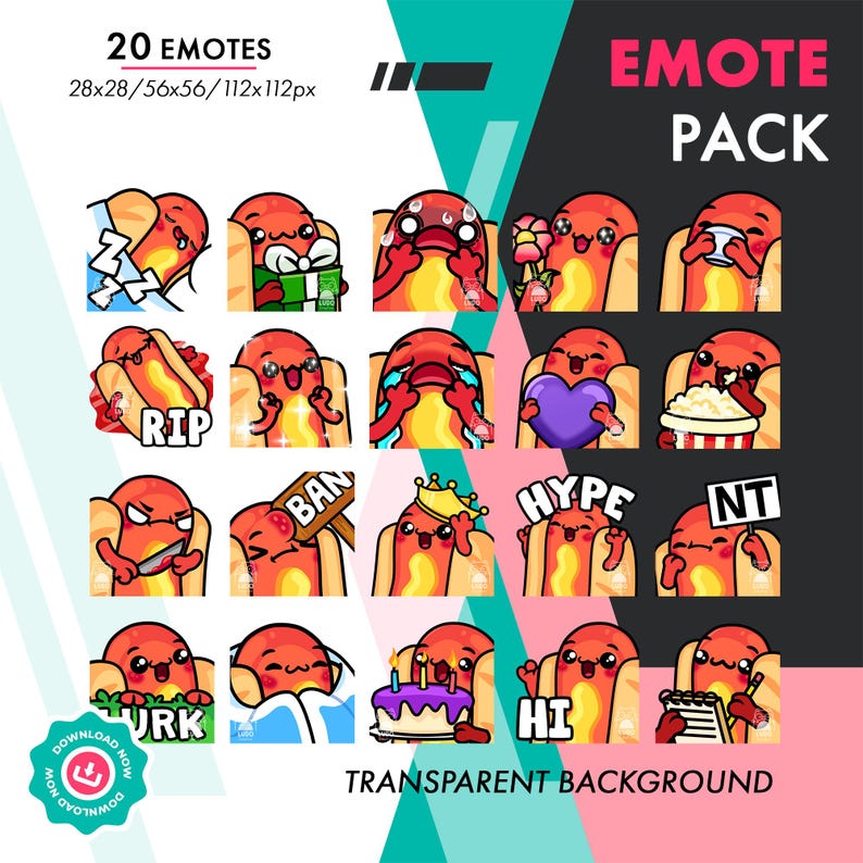 Mega Hotdog Emote Pack, 20 Cute Sausage Hi, Hype, Noted Still Emote Set ...