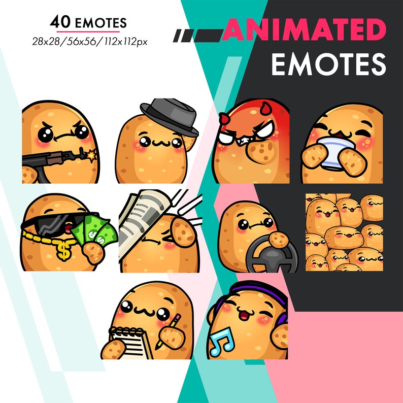 40 Animated Potato Emotes Pack, Mega Cute Potato Steer, Wiggle, Spray ...