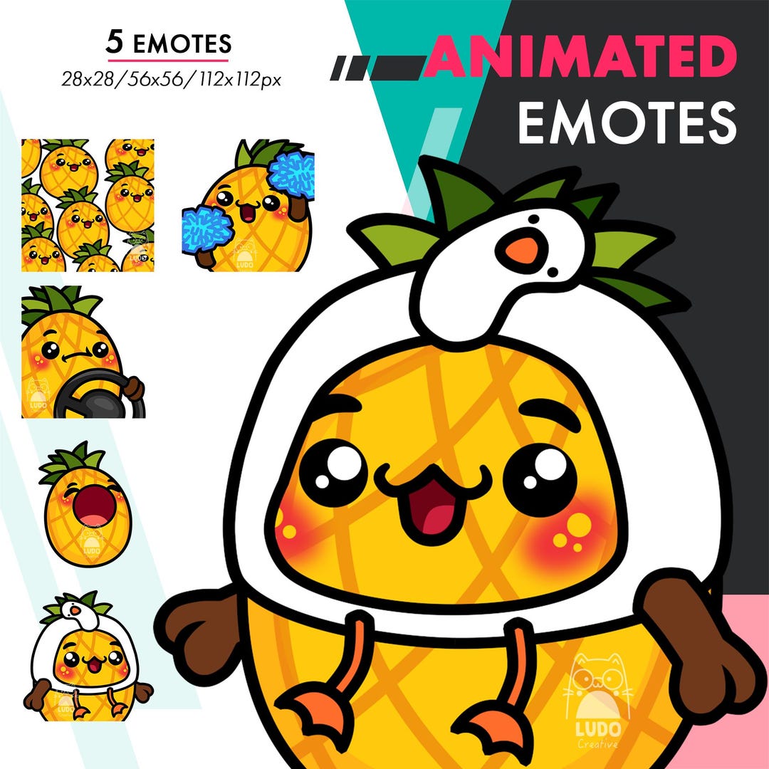Animated Pineapple Emotes Pack 2, 5 Kawaii Fruit Duck Hat, POP, Cheer ...
