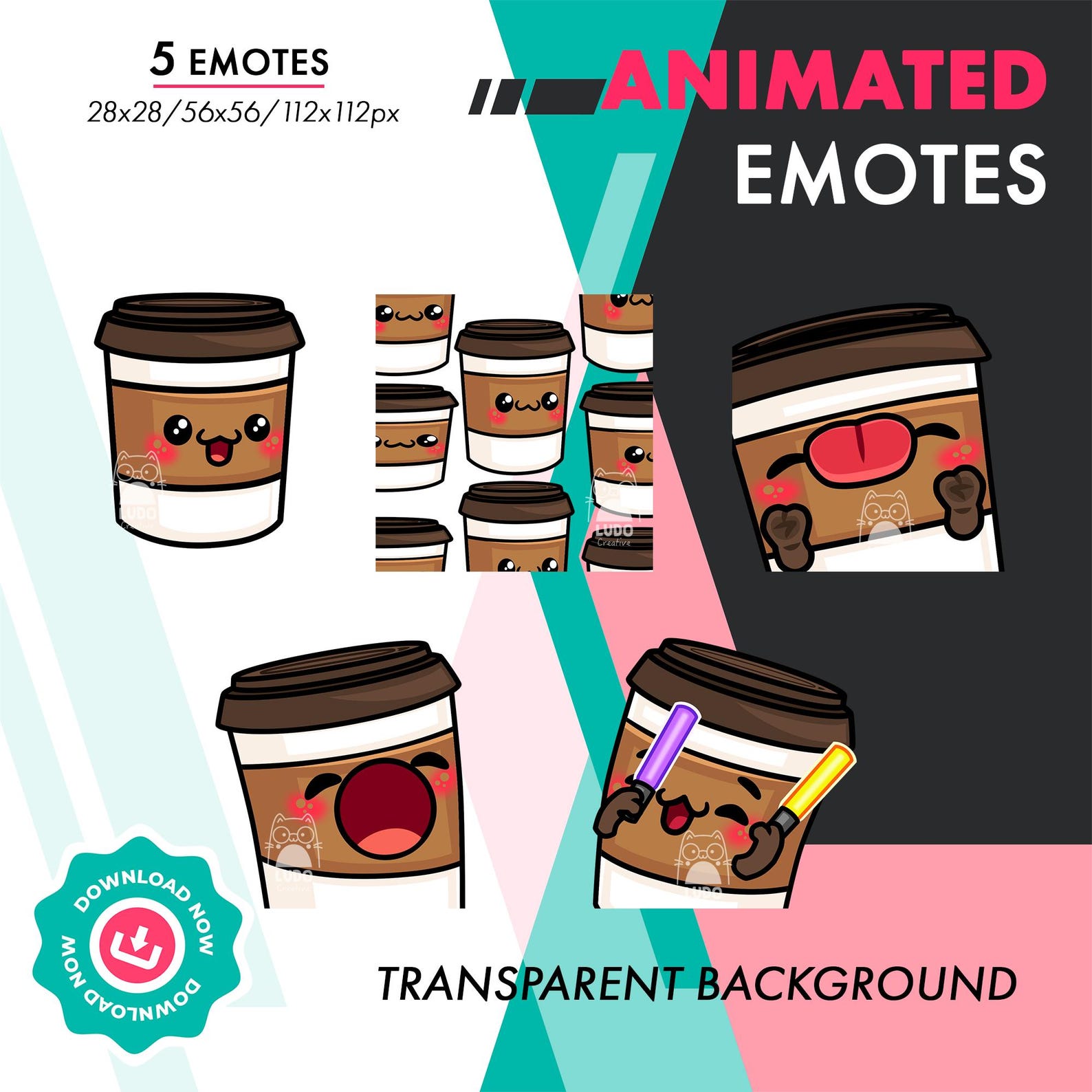 Animated Coffee Emotes Pack, 5 Cute Coffee Cup Raid, Dance, Lick Emote ...