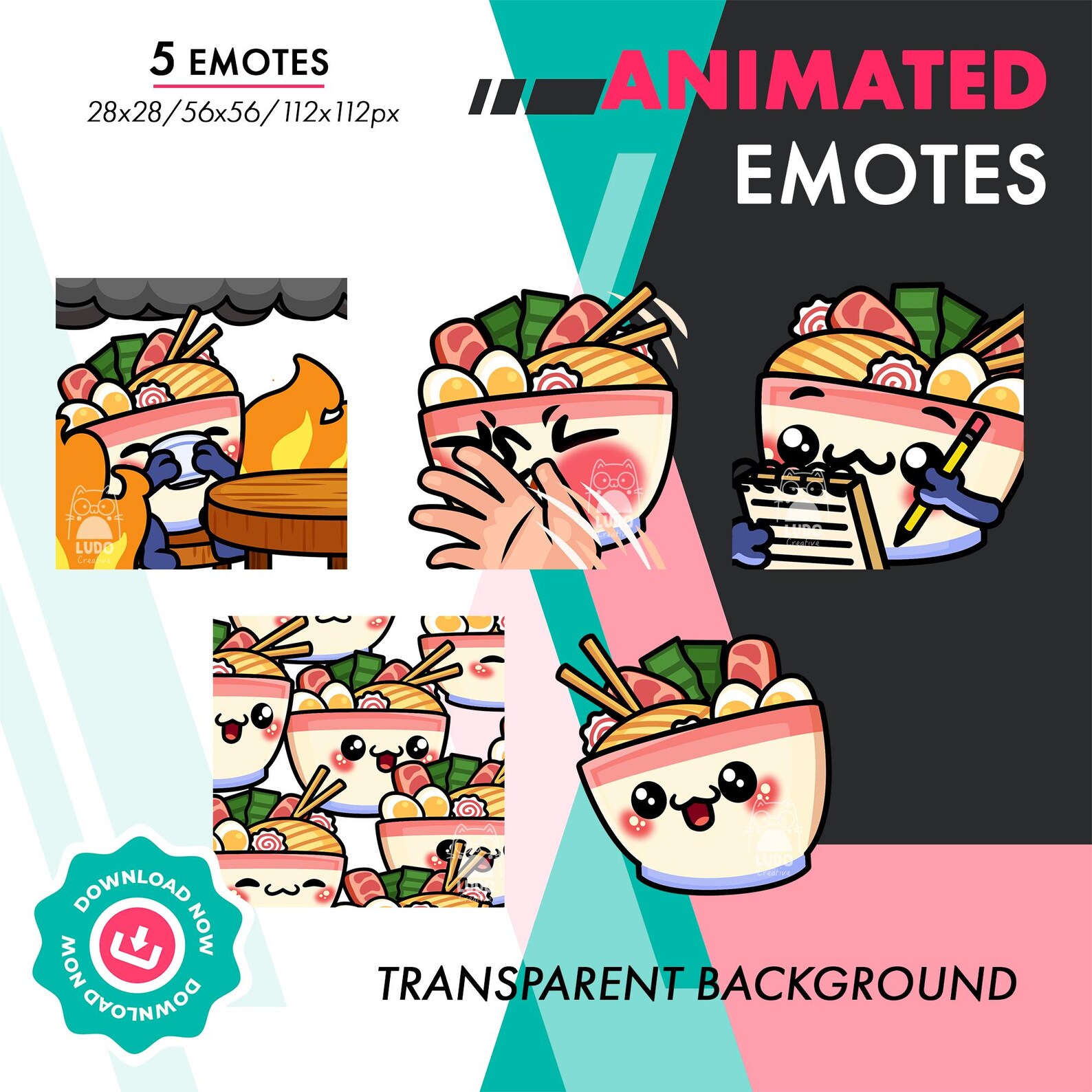 Animated Ramen Emotes Pack 4, 5 Cute Noodle Wiggle, Raid, This is Fine ...