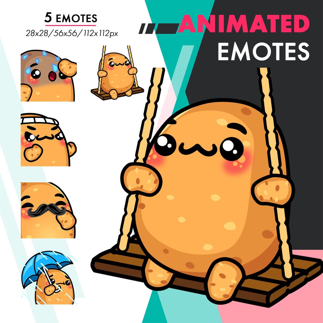Animated Potato Emotes Pack 13, 5 Cute Potato Swing, Punch, Sweat Emote ...