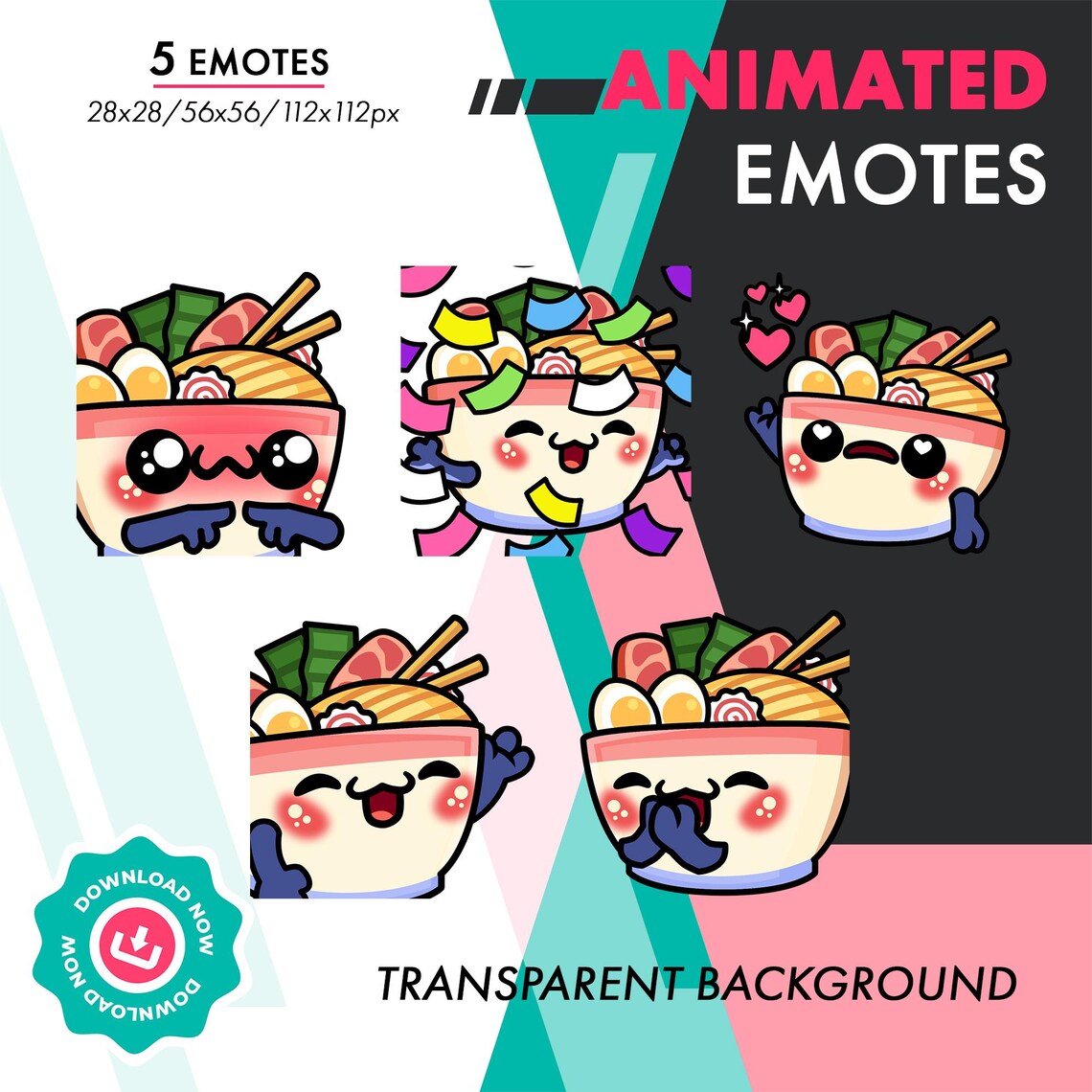 Animated Ramen Emotes Pack 3, 5 Cute Noodle Love, Wave, Hype Emote Set ...