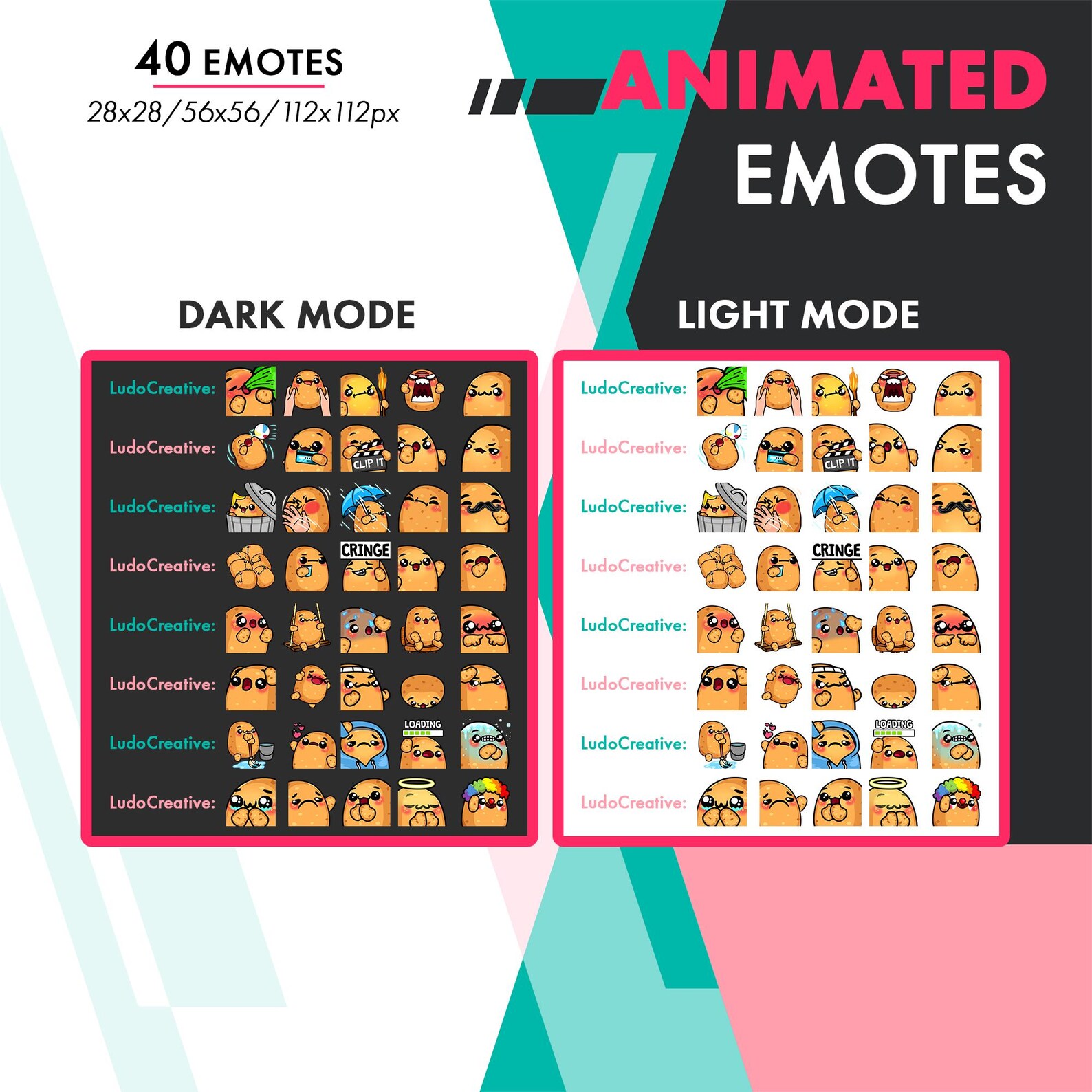 40 Animated Potato Emotes Pack 2, Mega Cute Potato Love, Wave, Cringe ...