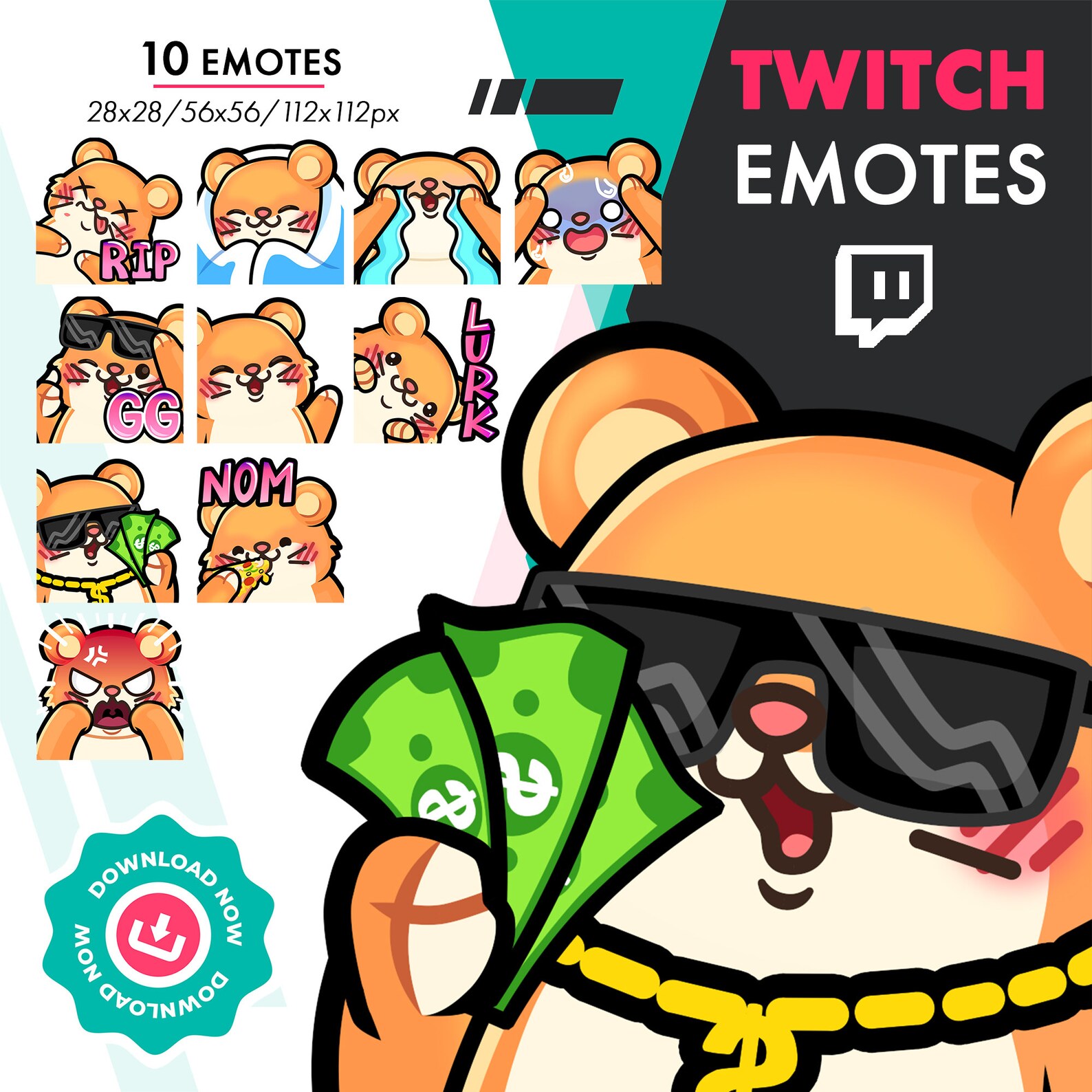 Twitch Hamster Emotes Set | 10 Cute Chibi Mouse Emotes Pack for Youtube ...