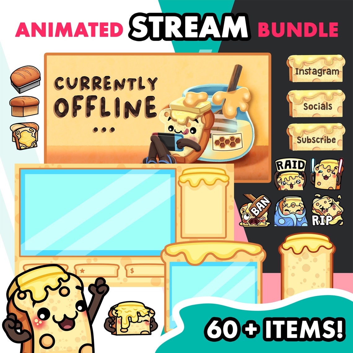 Mega Animated Toast Stream Package, Twitch Bread Overlays, Animated ...
