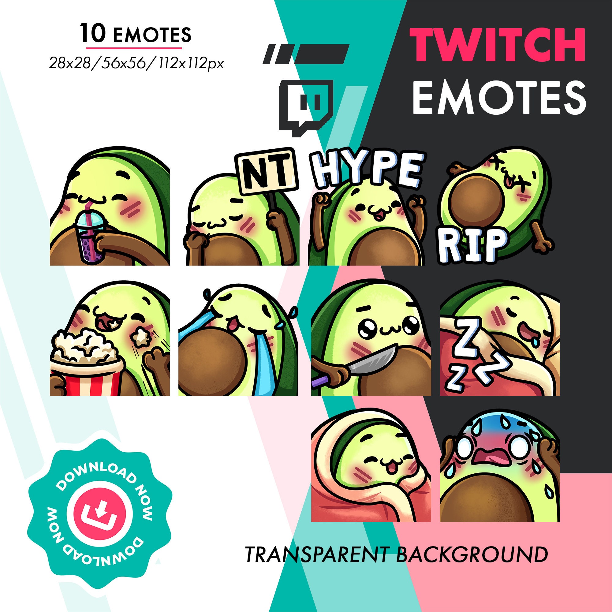 Twitch Avocado Emote Pack | Cartoon Avocado Sip, Cozy Blanket, Rip ...