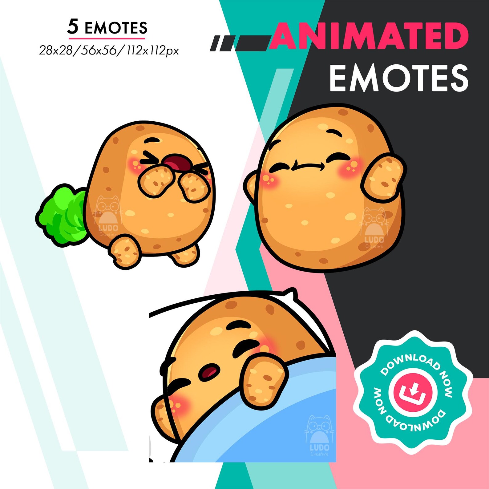 Animated Potato Emotes Pack 17, 5 Cute Potato Rip, Fart, Arrive Emote ...
