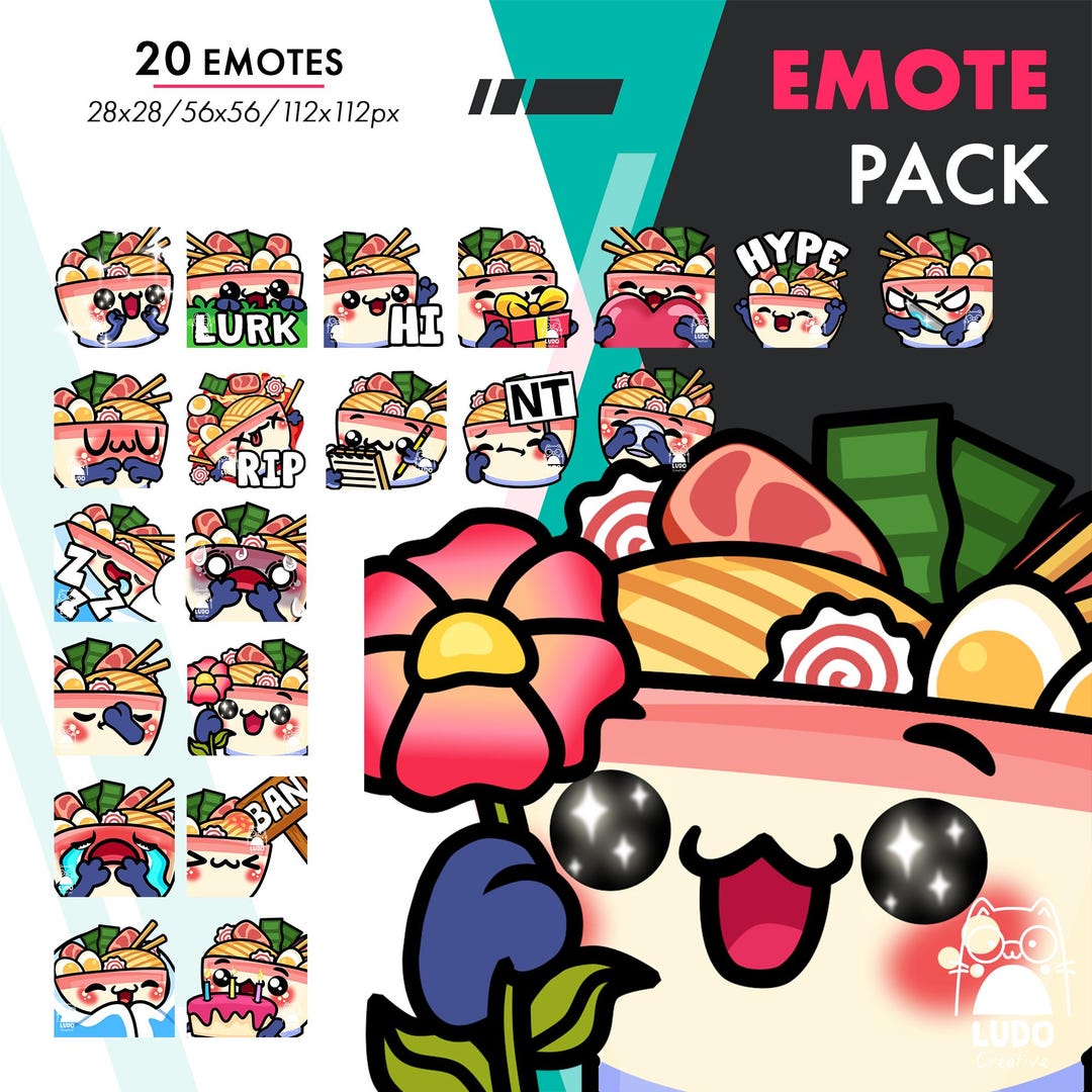 Mega Ramen Emote Pack, 20 Cute Noodle Heart, Ban, Hype, Rip Emote Set ...