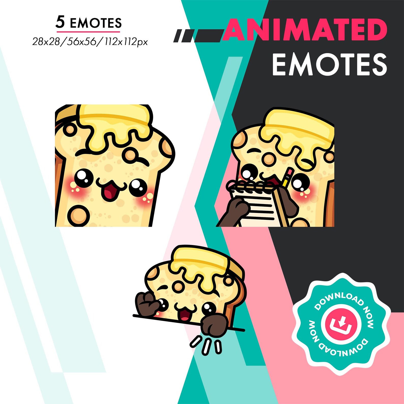 Animated Toast Emotes Pack 2, 5 Cute Bread and Butter Raid, Love, Noted ...