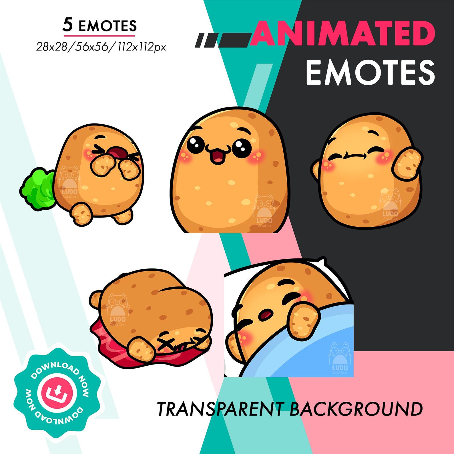 Animated Potato Emotes Pack 17, 5 Cute Potato Rip, Fart, Arrive Emote ...