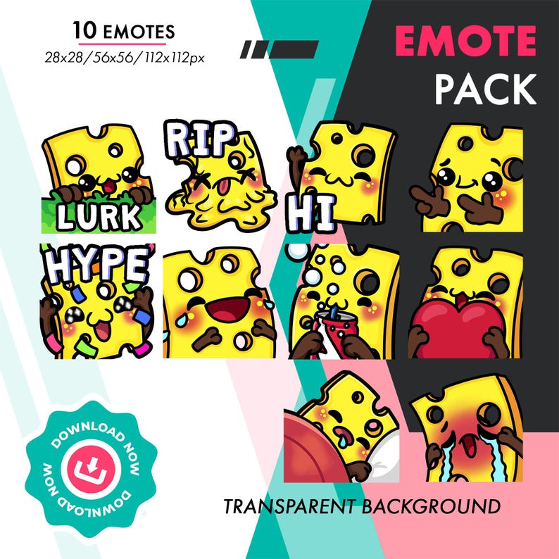 Cheese Emote Pack, 10 Cute Twitch Cheddar Slice Rip, Heart, Hype Emote ...