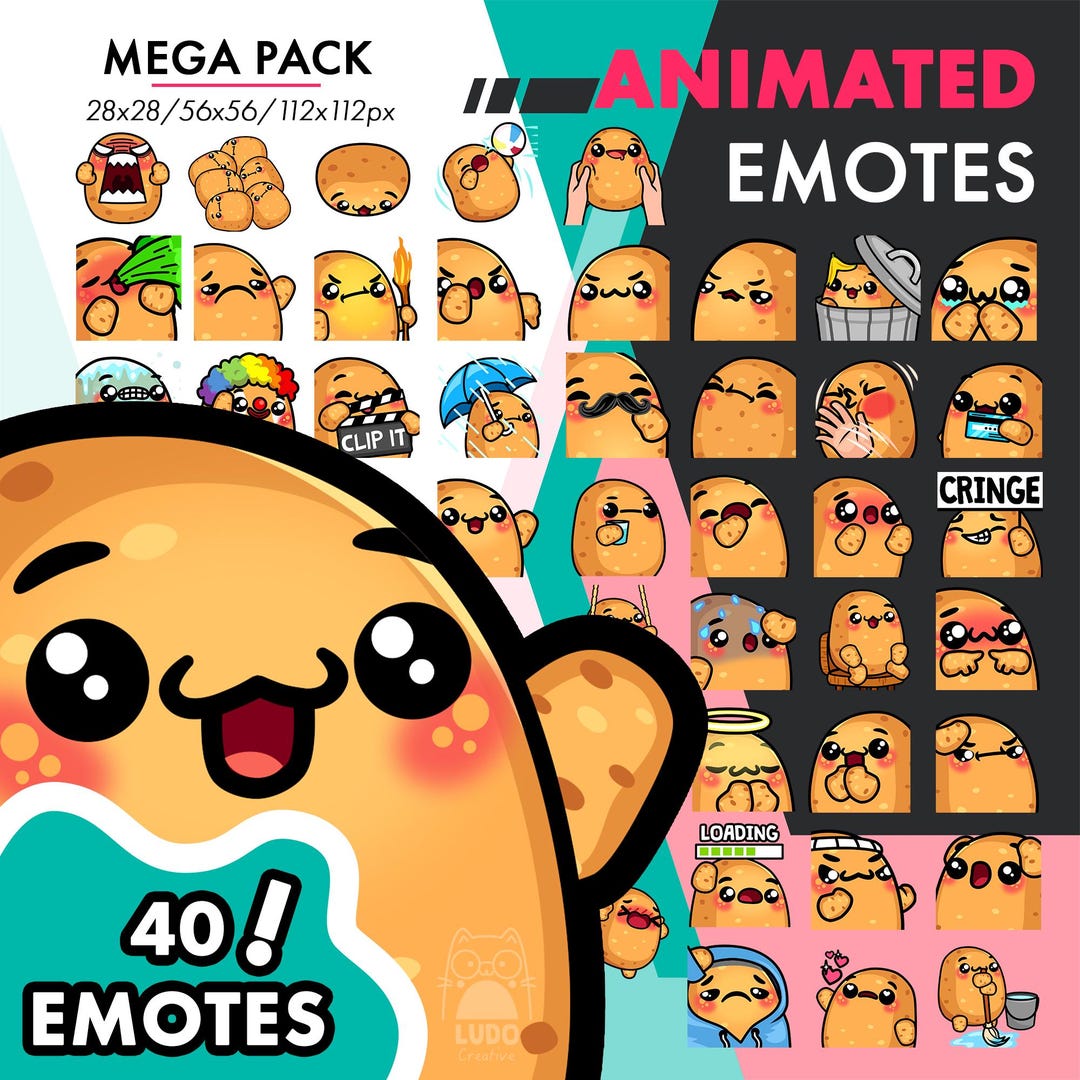 40 Animated Potato Emotes Pack 2, Mega Cute Potato Love, Wave, Cringe ...