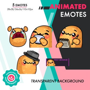 Animated Potato Emotes Pack 4, 5 Cute Potato Mlady, Sip, First Message ...