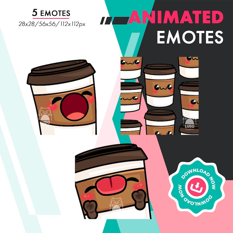 Animated Coffee Emotes Pack, 5 Cute Coffee Cup Raid, Dance, Lick Emote ...