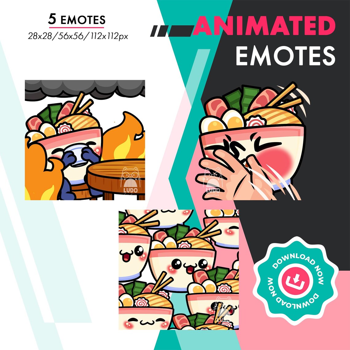 Animated Ramen Emotes Pack 4, 5 Cute Noodle Wiggle, Raid, This is Fine ...
