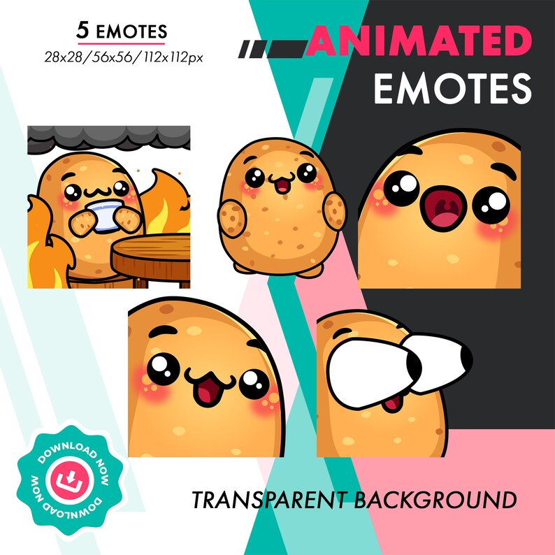 Animated Potato Emotes Pack 5, 5 Cute Potato This is Fine, OMG, Brows ...