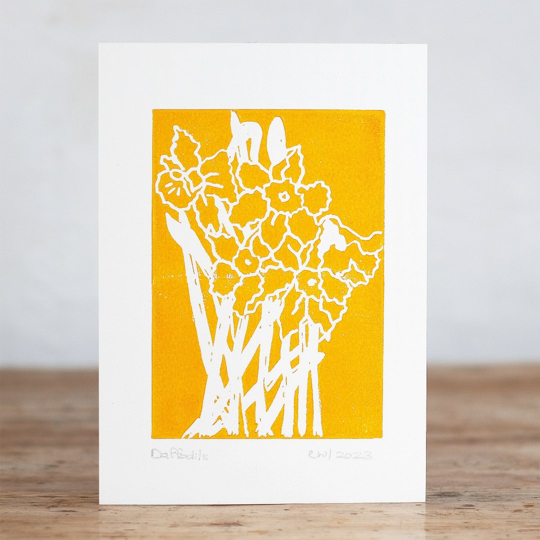 Daffodil Print. Original, Handprinted Linocut. First Class Post. - Etsy