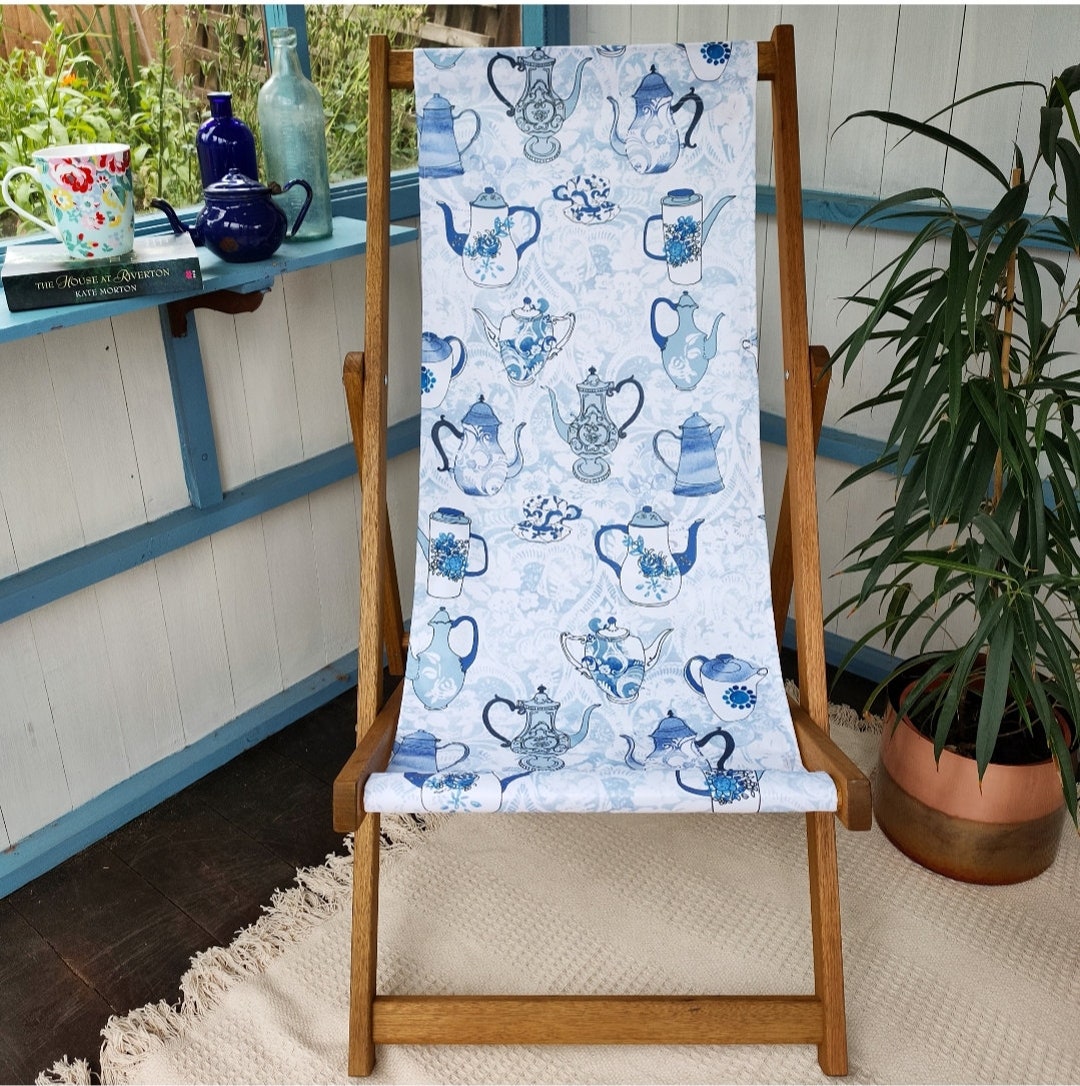 Coffee, Tea Pot print deck chair afternoon tea, willow pattern, blue ...