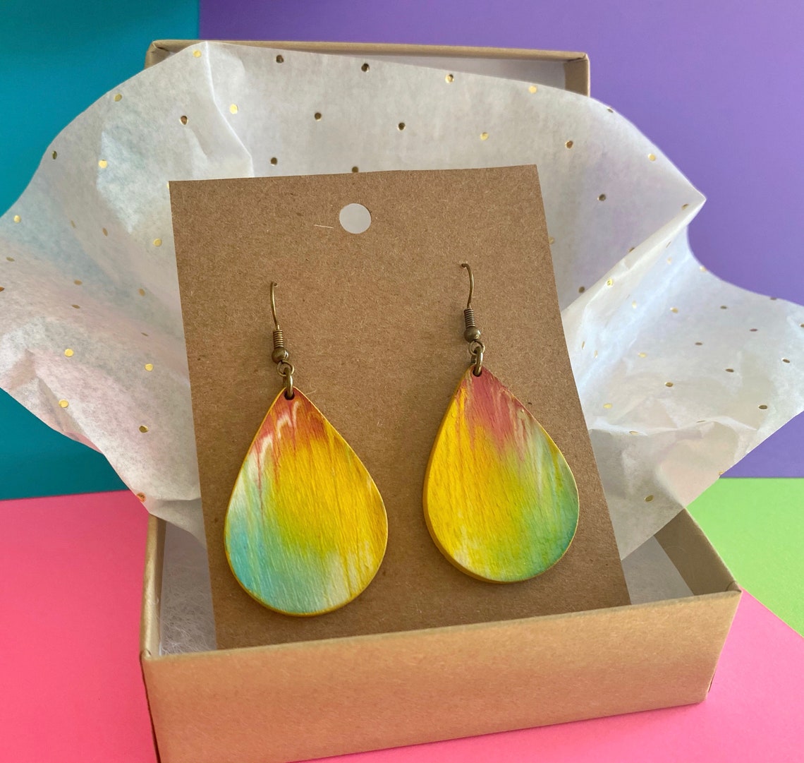 Colorful Hand Painted Wood Teardrop Earrings Wood Earrings Multi Color ...