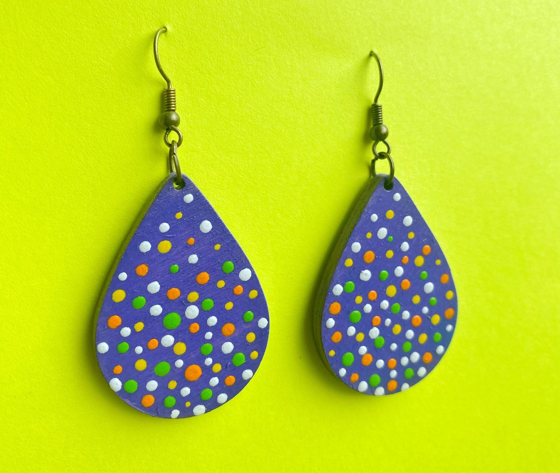 Colorful Hand Painted Wood Teardrop Earrings Wood Earrings Purple ...