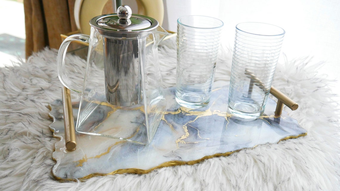 Resin Tray, Tray With Handles, Grey Marble Resin Tray, Marble and Gold ...