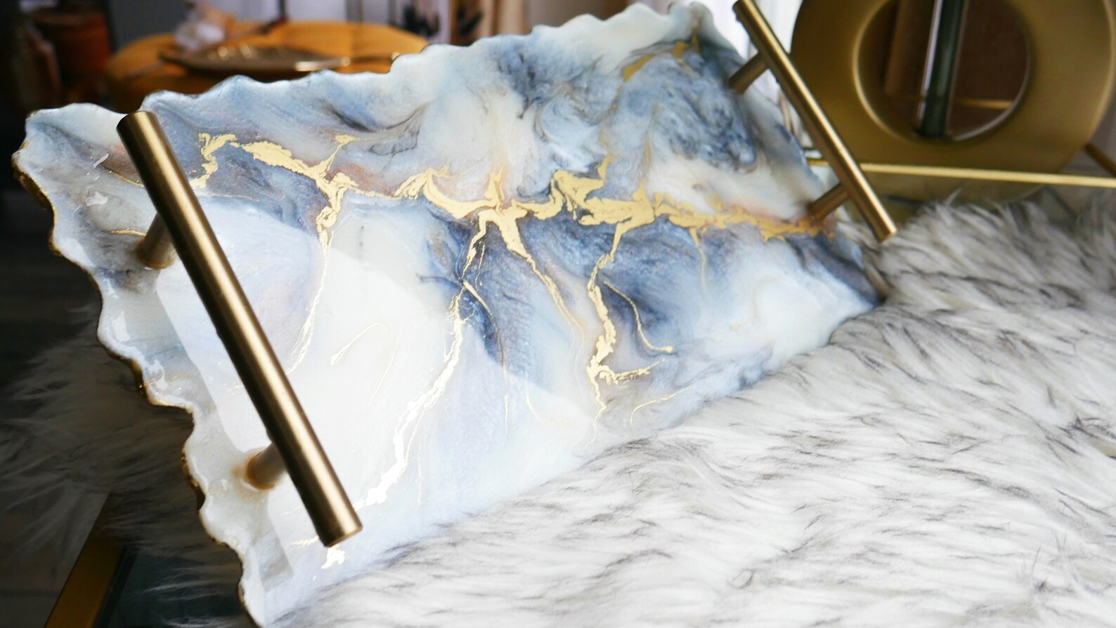 Resin Tray, Tray With Handles, Grey Marble Resin Tray, Marble and Gold ...