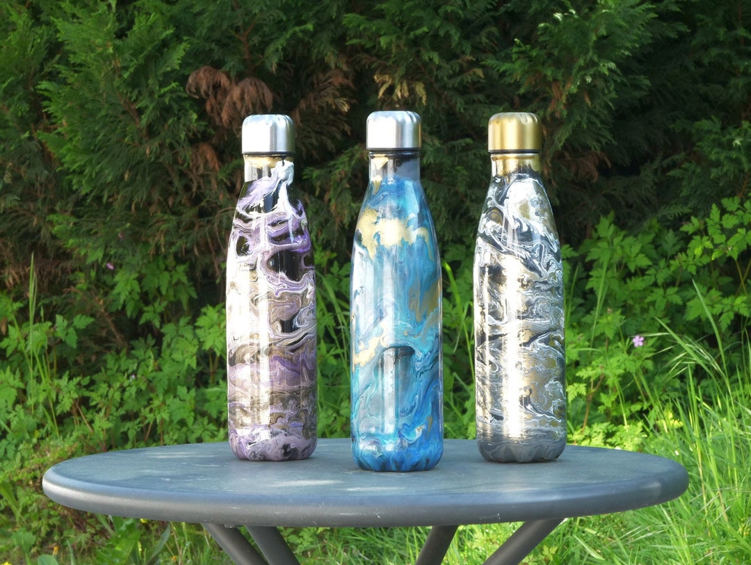 Painted Resin Water Bottle, Abstract Art Flask, Colorful & Gold Ink ...