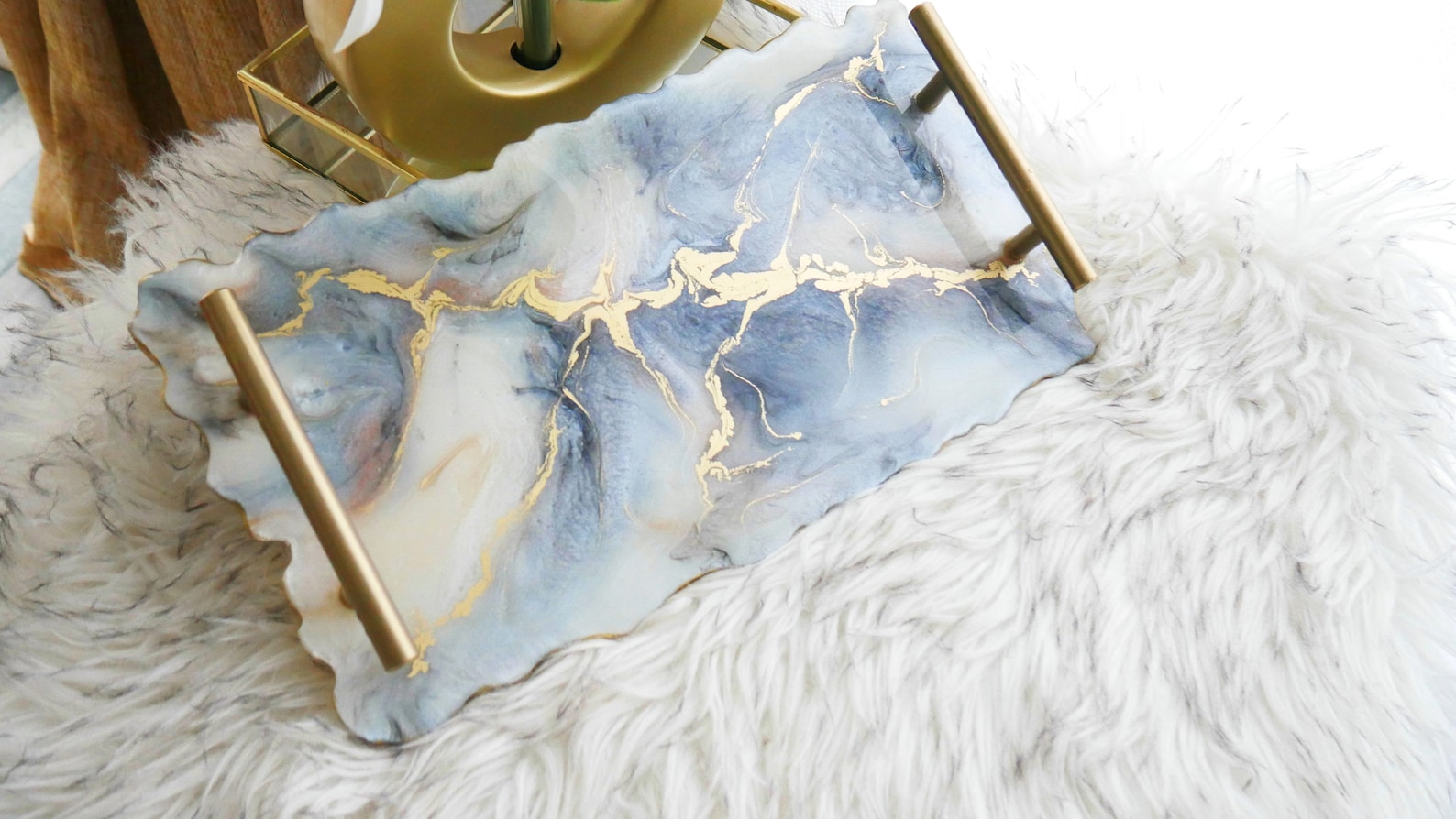 Resin Tray, Tray With Handles, Grey Marble Resin Tray, Marble and Gold ...